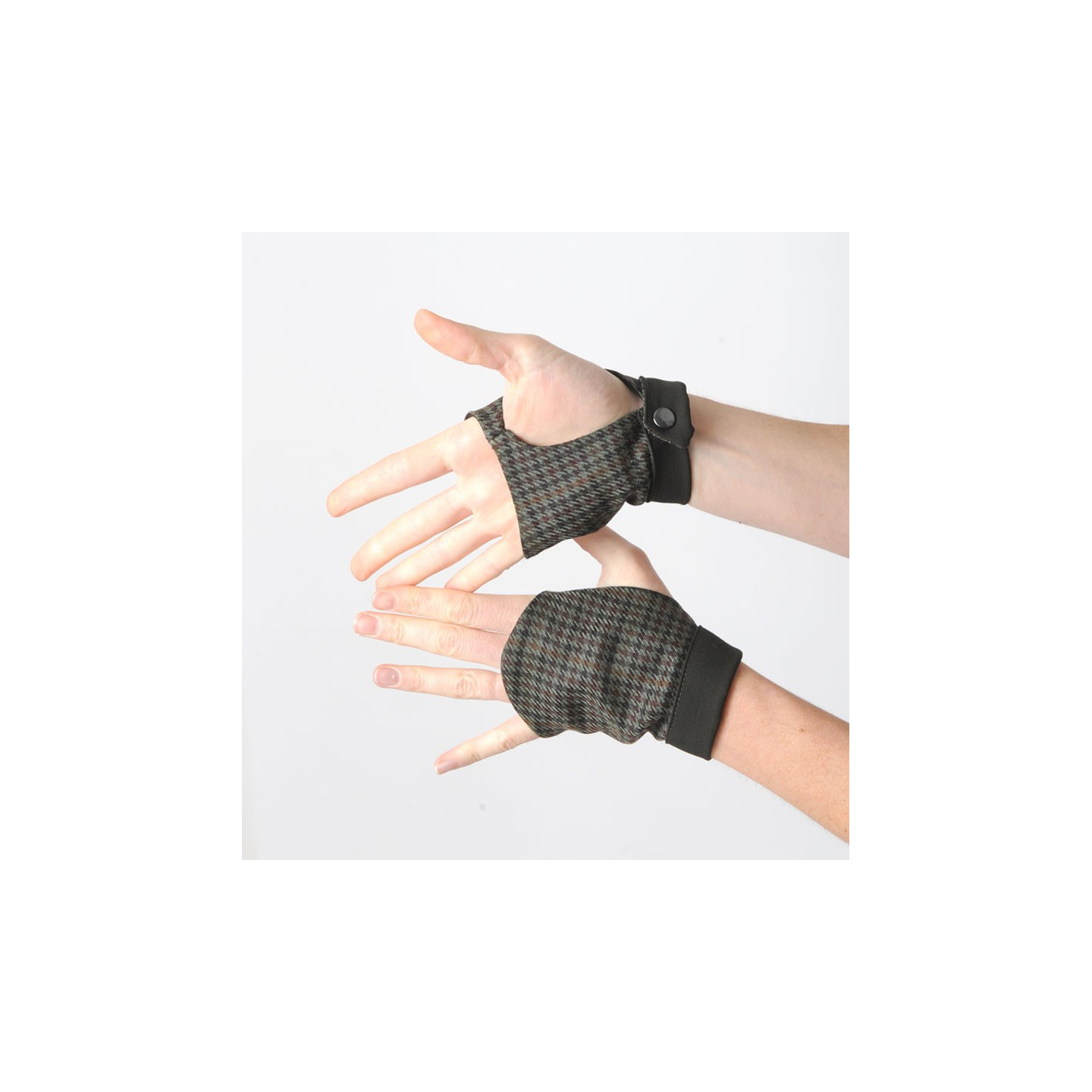 Dark green and brown fingerless gauntlets with tiny pattern