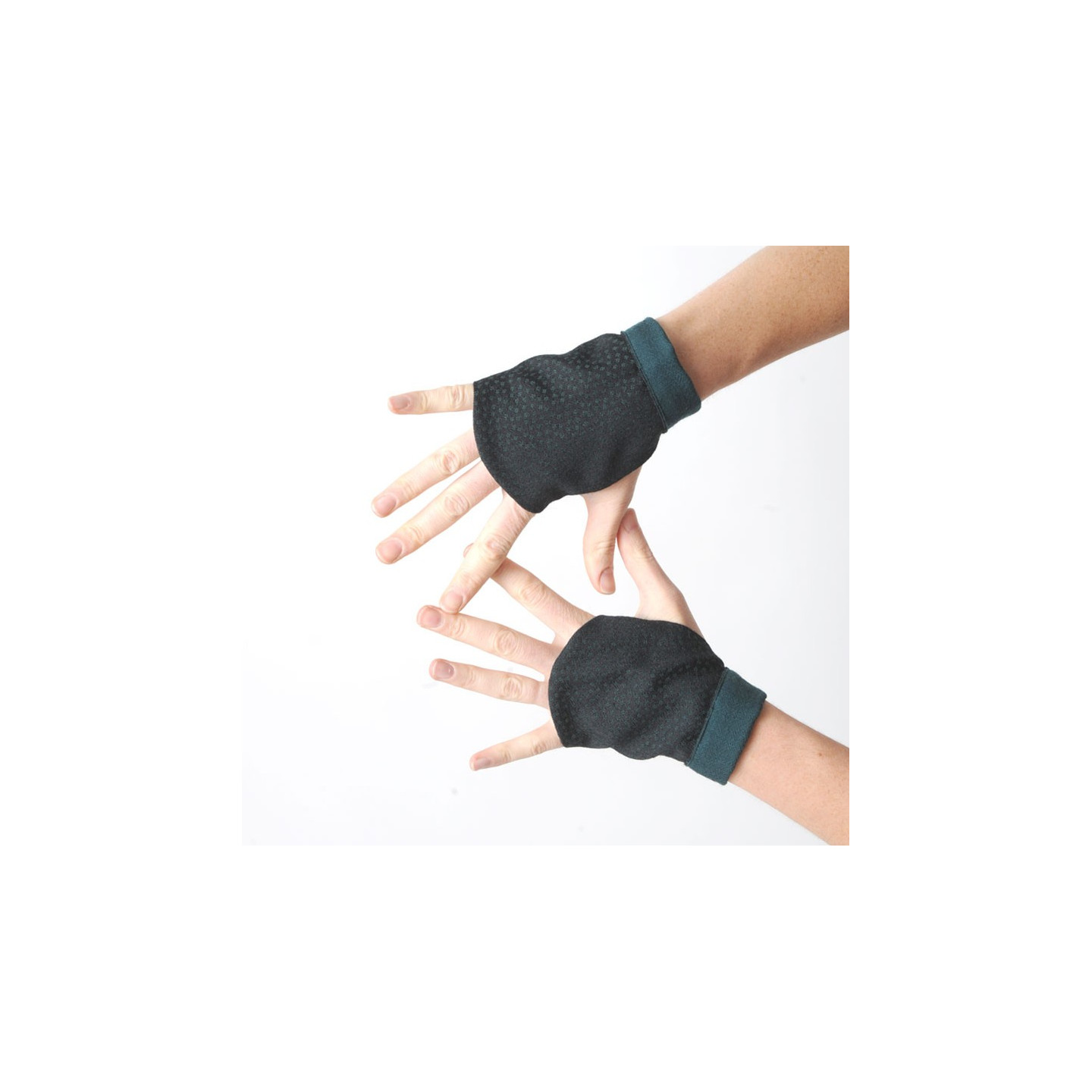 Black wool fingerless gauntlets with green dots