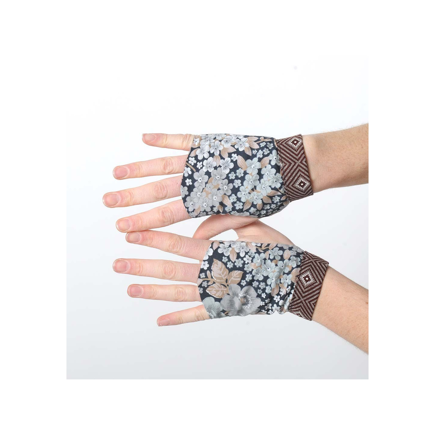 Grey and brown floral fingerless gauntlets