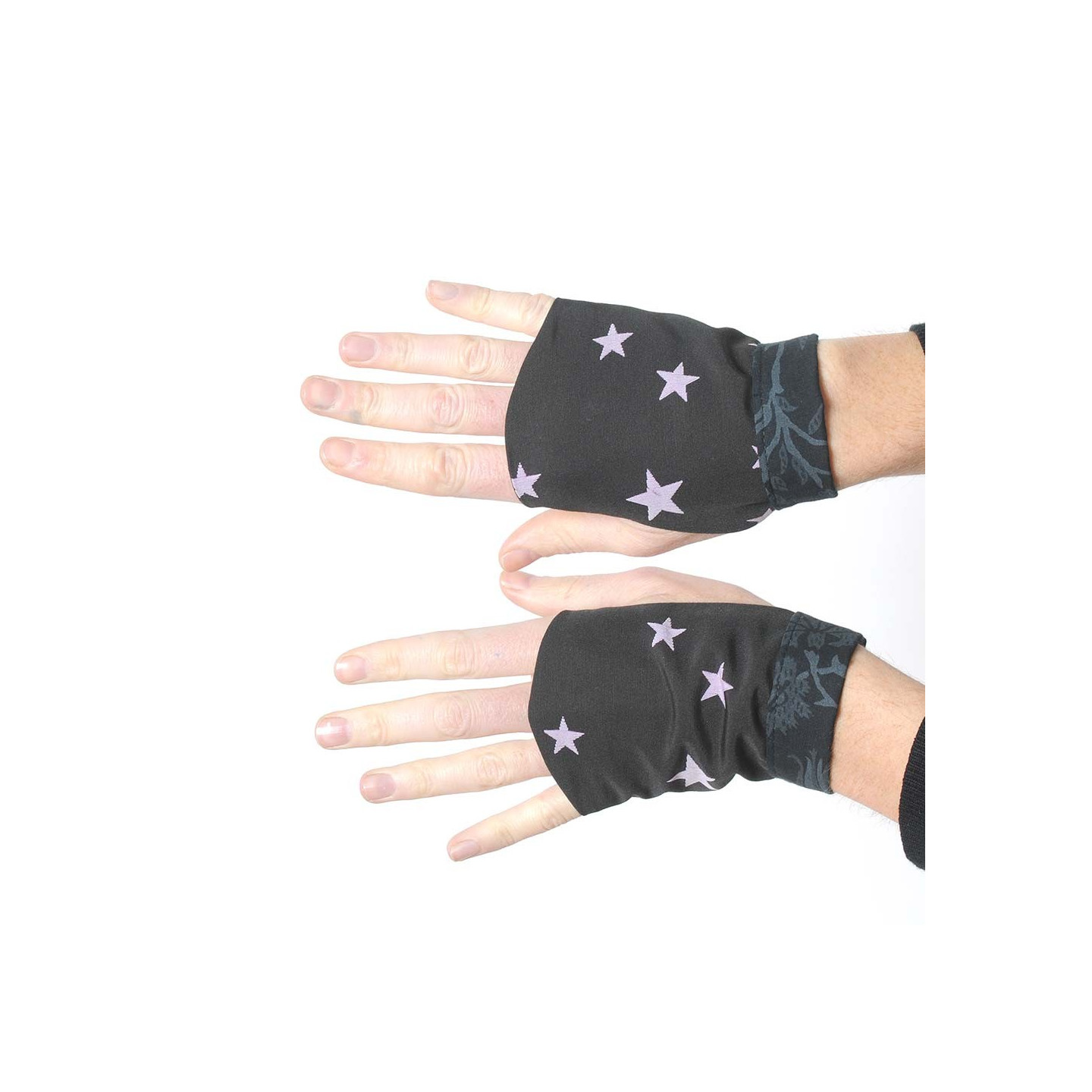 Black fingerless gauntlets with lilac stars, Made in France