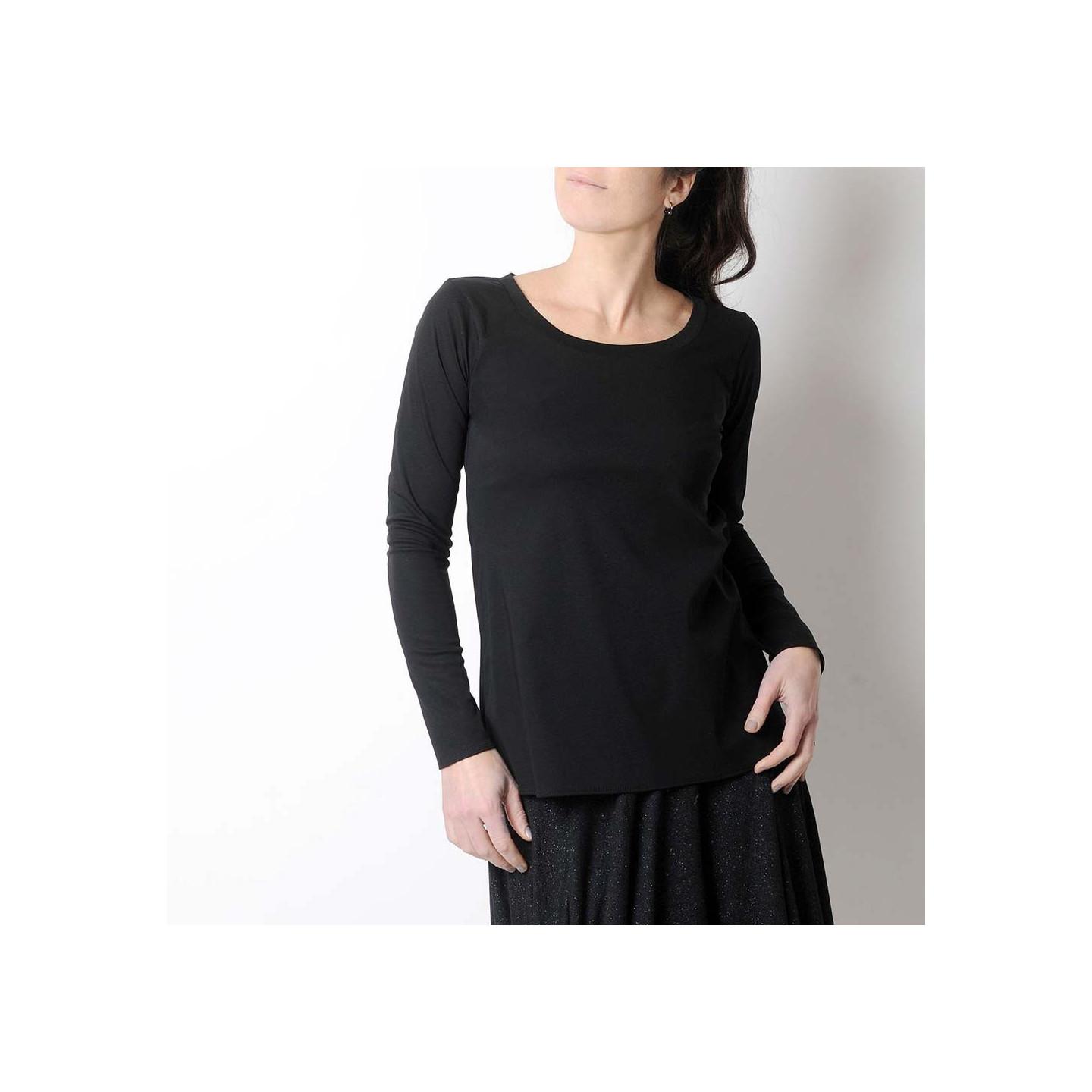 Women's long black top in cotton jersey, trapeze cut, Made in France