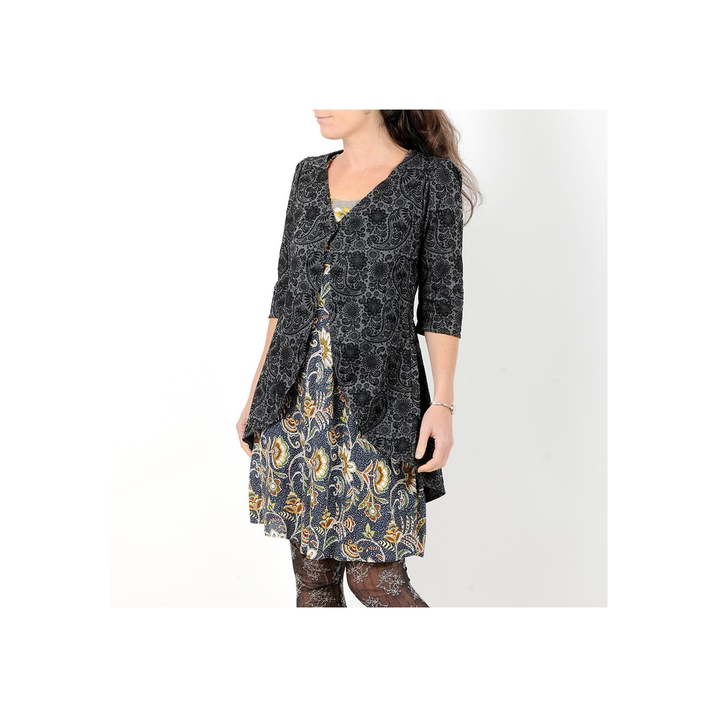 Gilet Long Queue de Pie Gris Arabesques Noires, Veste Femme, Made in France