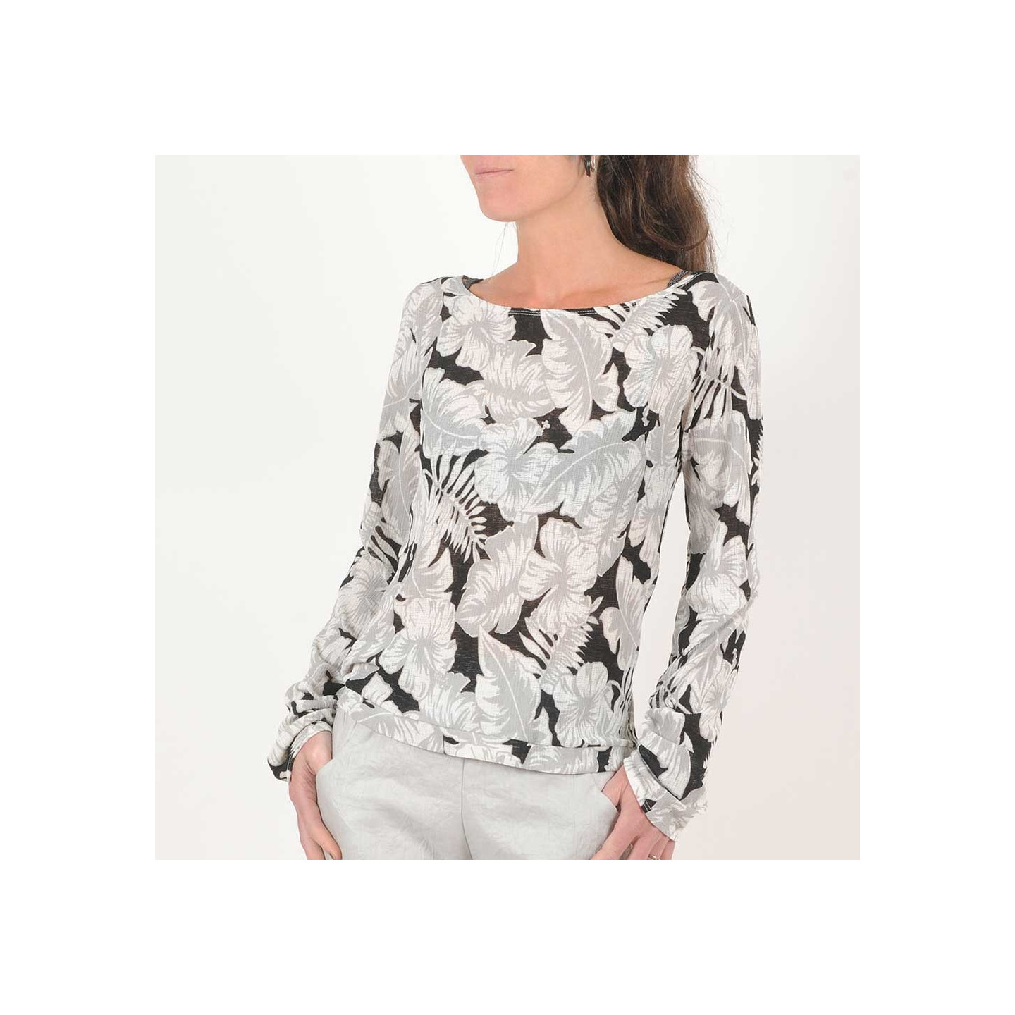 Pull femme léger gris et noir, manches froncées, Made in France